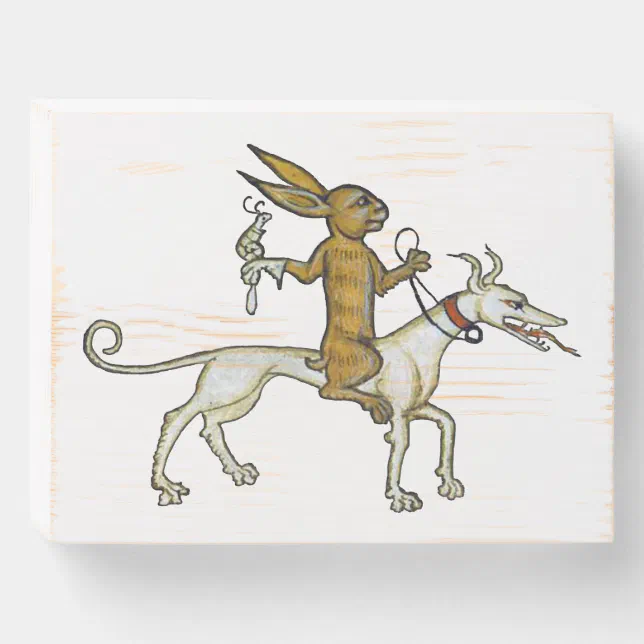 Medieval Rabbit Riding Dog and Holding Snail Wooden Box Sign | Zazzle