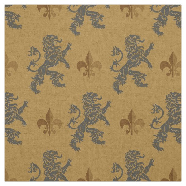 Medieval Gold Lion Red Fleur de Lis Fabric | Zazzle