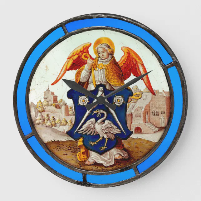 Medieval Stained Glass Angel and Coat of Arms Large Clock | Zazzle