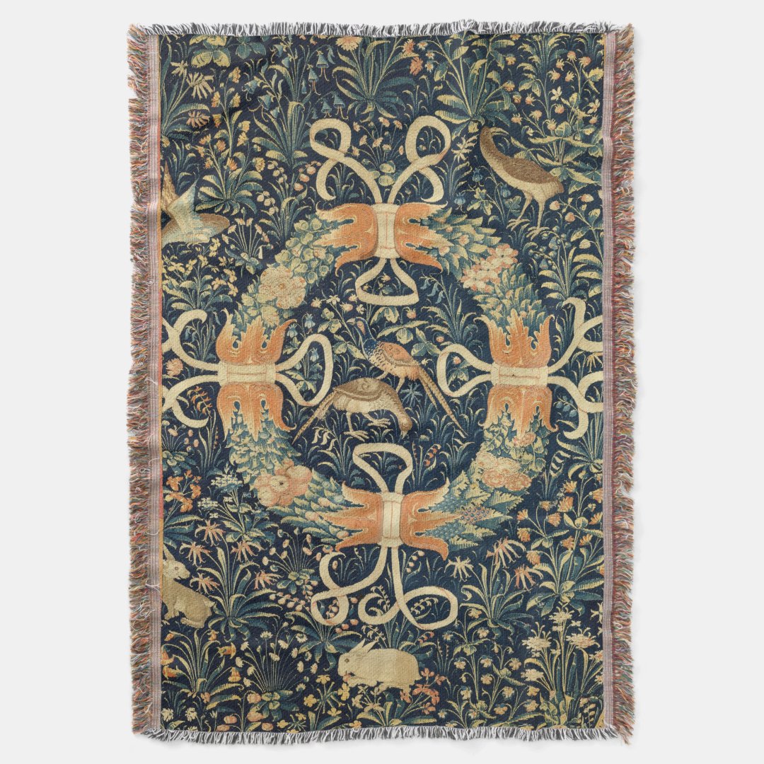 Medieval Tapestry with Flowers, Birds, and Rabbits Throw Blanket | Zazzle