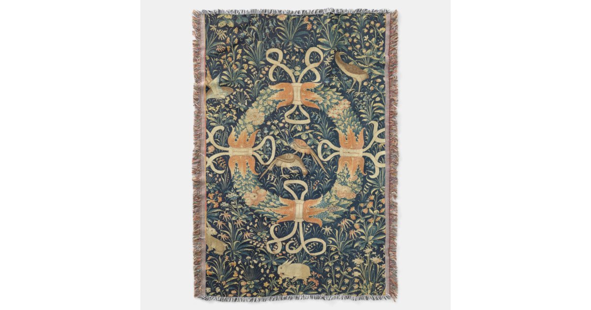 Medieval Tapestry with Flowers, Birds, and Rabbits Throw Blanket | Zazzle