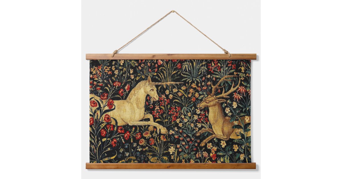 Medieval Unicorn Midnight Floral Garden Hanging Tapestry | Zazzle