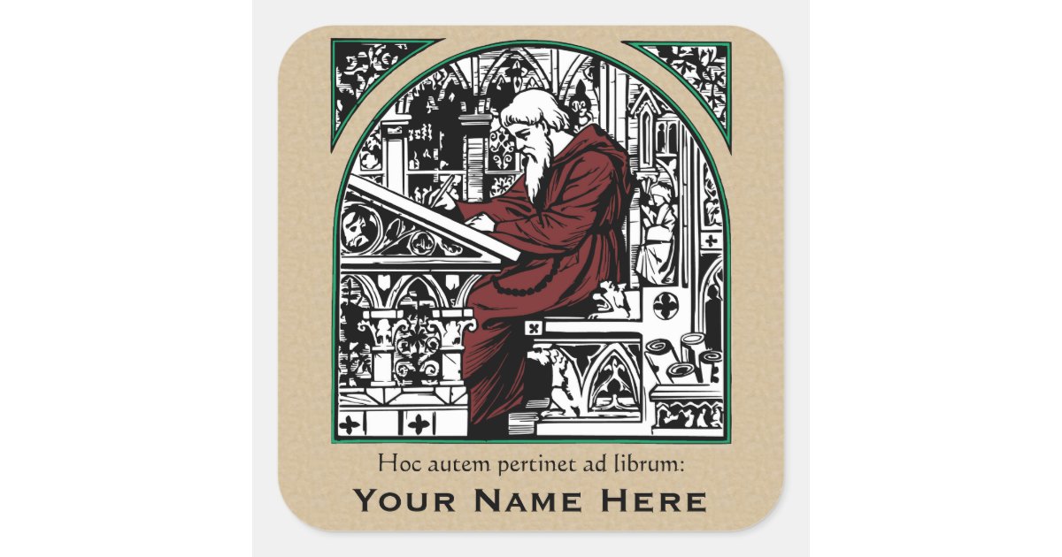 Medieval Writing Desk and Monk Bookplate | Zazzle