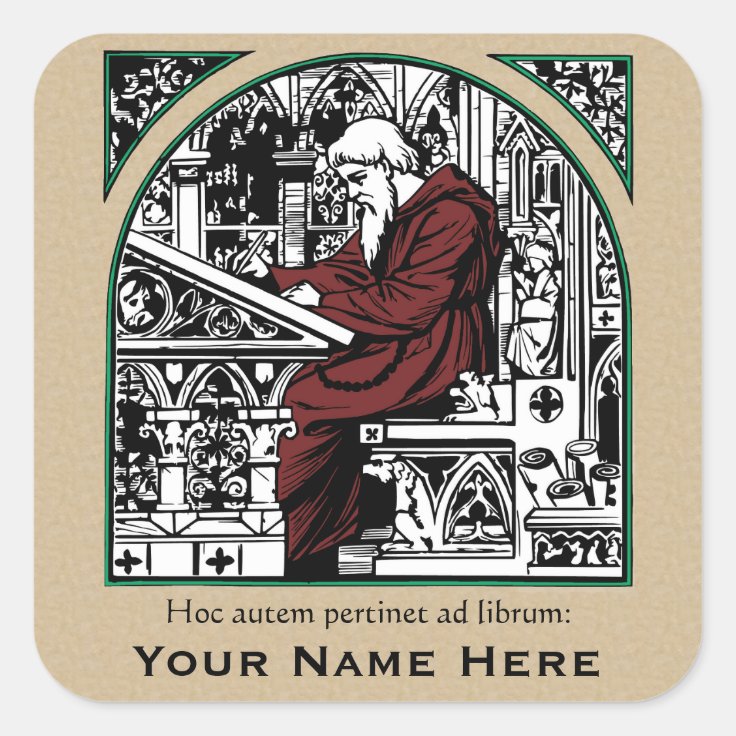Medieval Writing Desk and Monk Bookplate | Zazzle