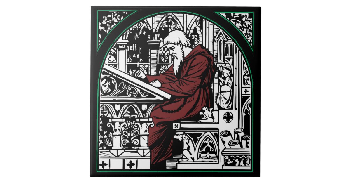 Medieval Writing Desk and Monk Ceramic Tile | Zazzle