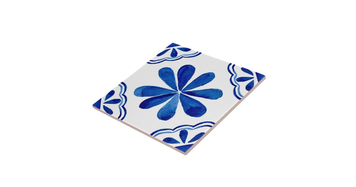 Mediterranean Blue Floral Tile Watercolor Painted | Zazzle
