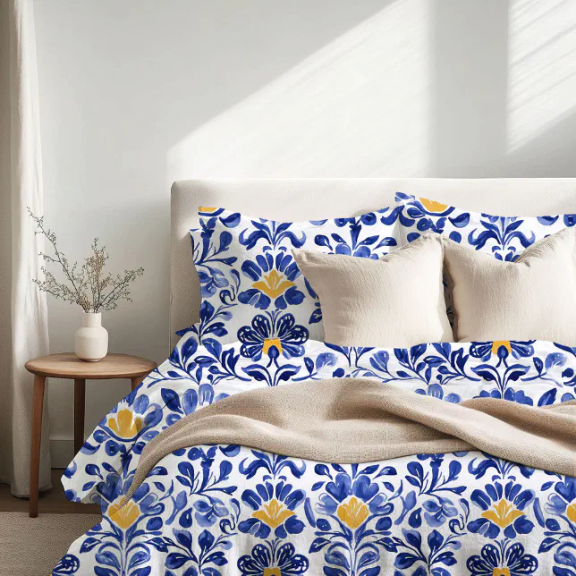 Mediterranean Blue & Gold Floral Pattern Duvet Cover | Zazzle