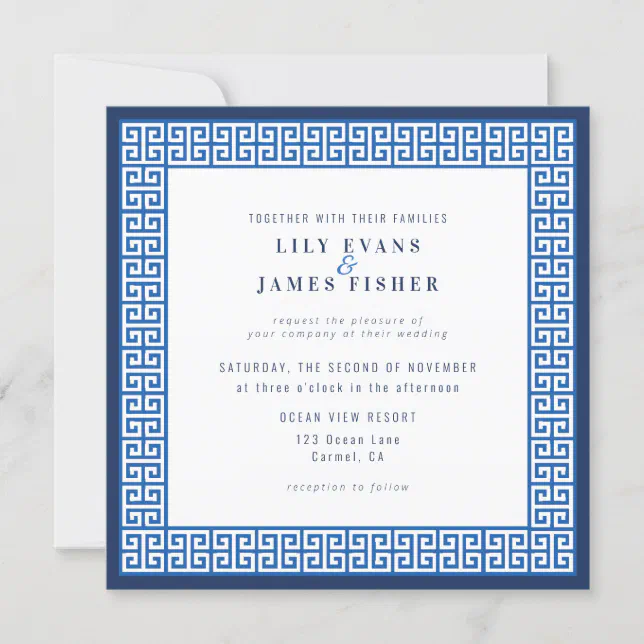 Mediterranean Blue Greek Key Wedding Invitation | Zazzle