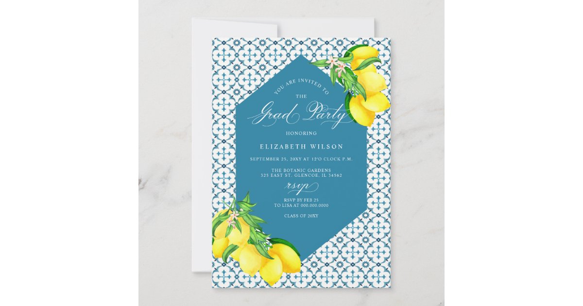 Mediterranean Blue Tiles Lemon Photo Graduation Invitation | Zazzle