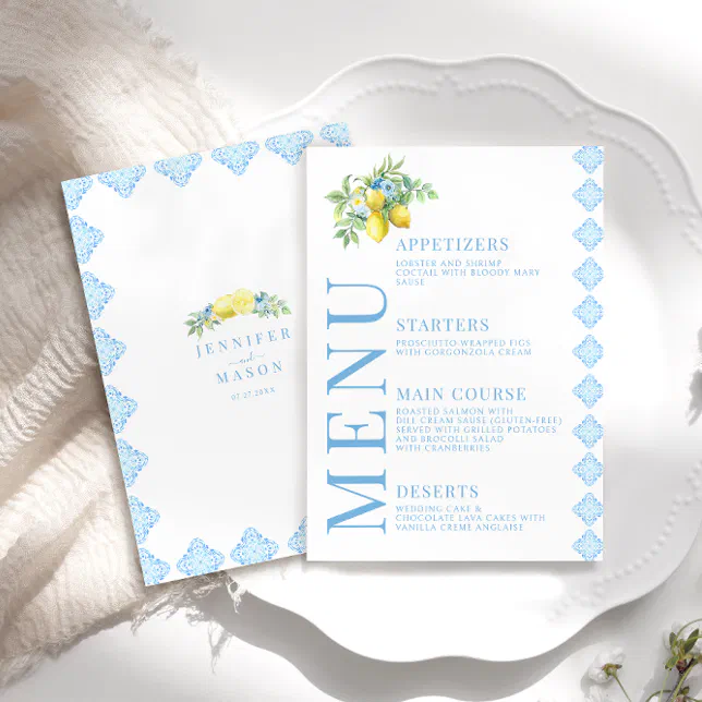 Mediterranean Blue Tiles Lemon Wedding Menu Cards | Zazzle
