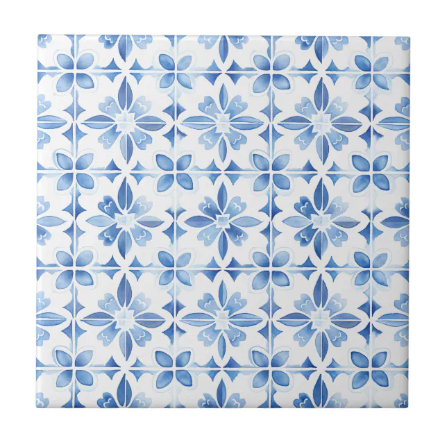 Mediterranean Blue Watercolor Pattern Ceramic Tile | Zazzle