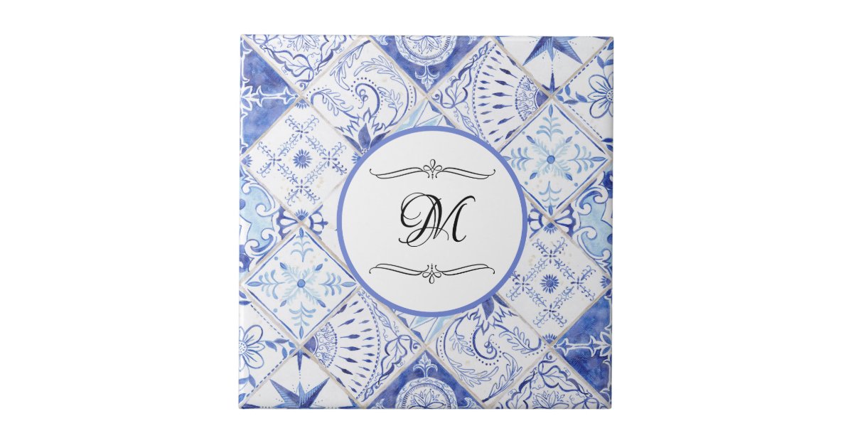 Mediterranean Blue White Vintage Kitchen Monogram Ceramic Tile | Zazzle