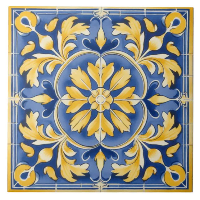 Mediterranean Botanical Pattern - Blue and Yellow Ceramic Tile | Zazzle