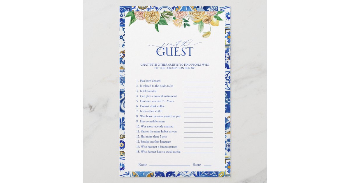 Mediterranean Bridal Shower Find the Guest Game | Zazzle