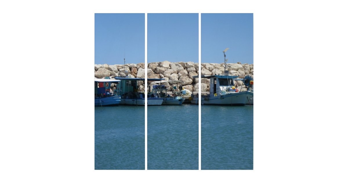 Mediterranean Fishing Boats in Blue Sea Design Triptych | Zazzle