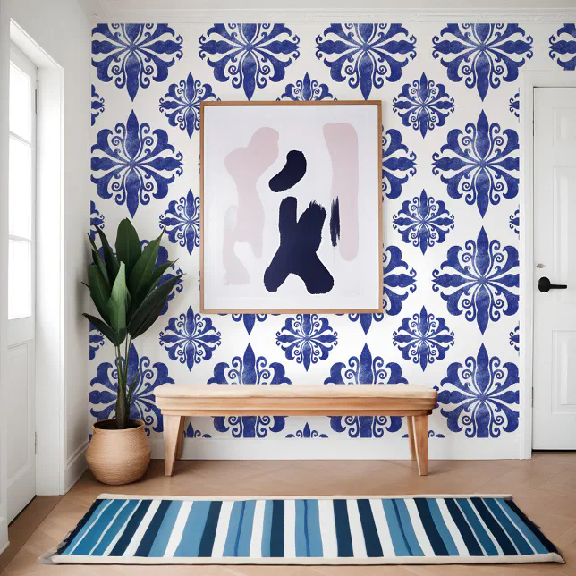 Mediterranean Greece Blue Antique Floral Pattern Wallpaper | Zazzle
