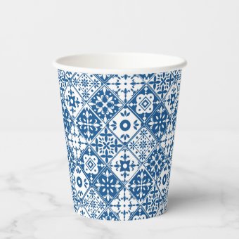 Mediterranean greek Blue tile baby shower Paper Cups | Zazzle