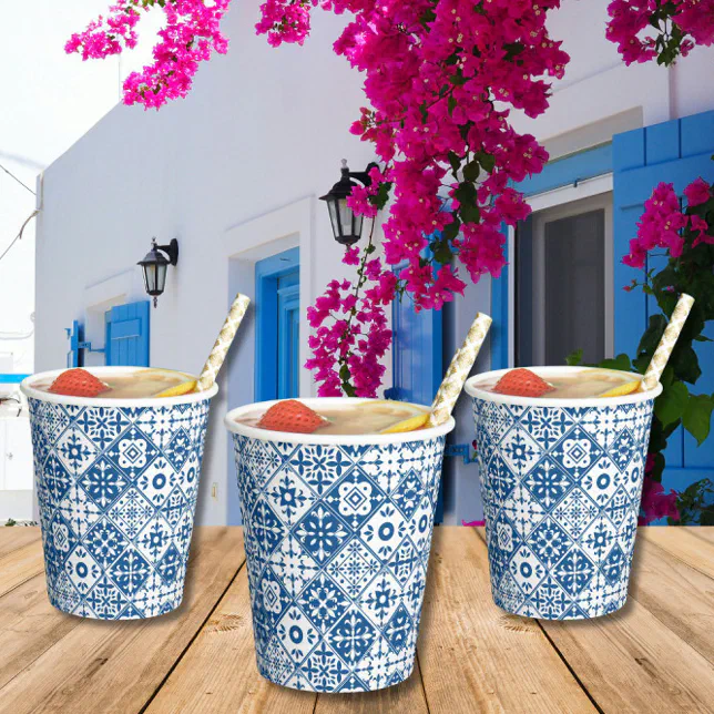 Mediterranean greek Blue tile baby shower Paper Cups | Zazzle