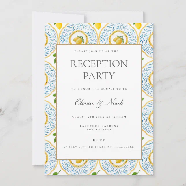 Mediterranean Lemon Tile Reception Invitation Card | Zazzle