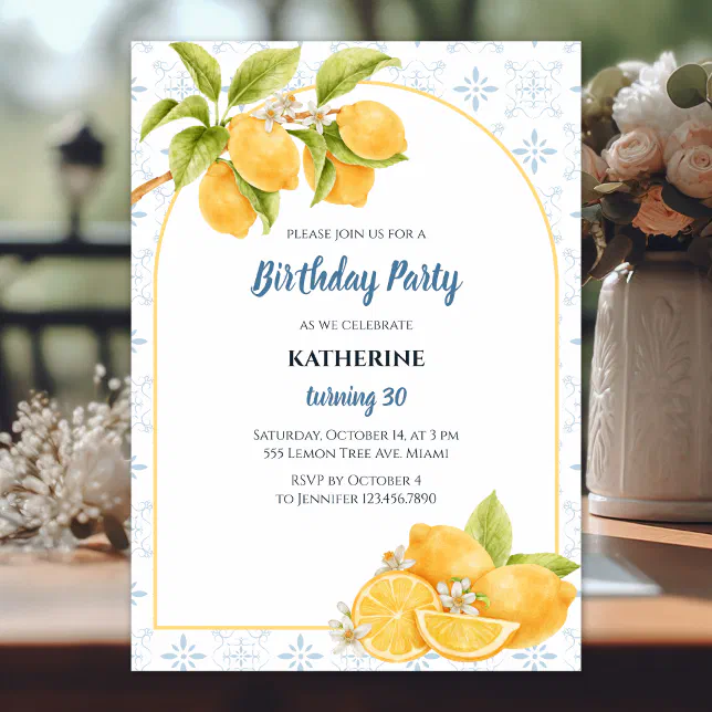 Mediterranean Lemon Yellow Citrus Birthday Party Invitation | Zazzle
