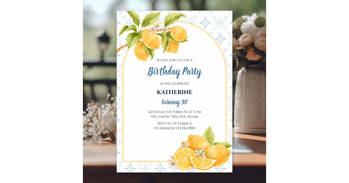 Mediterranean Lemon Yellow Citrus Birthday Party Invitation | Zazzle