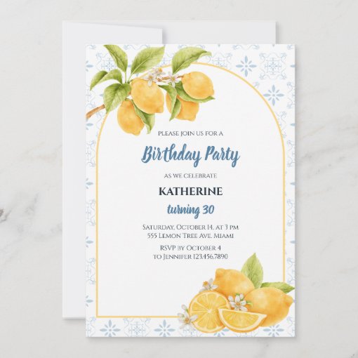 Mediterranean Lemon Yellow Citrus Birthday Party Invitation | Zazzle