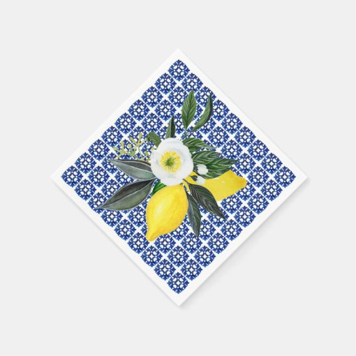 Mediterranean Lemons Blue Tile Paper Napkin | Zazzle