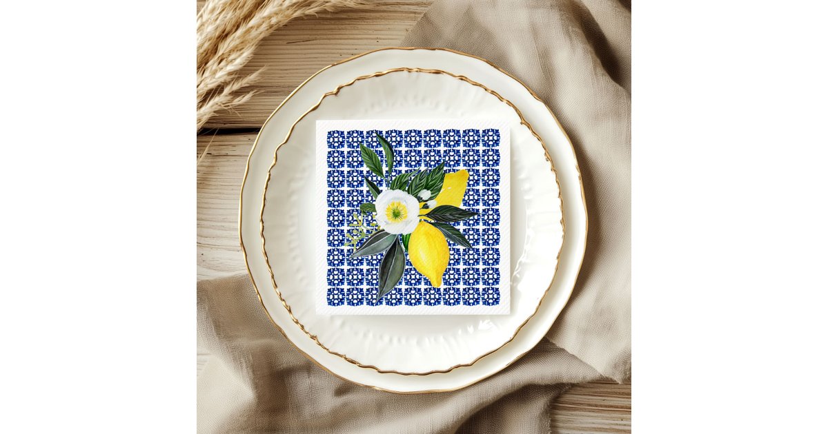 Mediterranean Lemons Blue Tile Paper Napkin | Zazzle