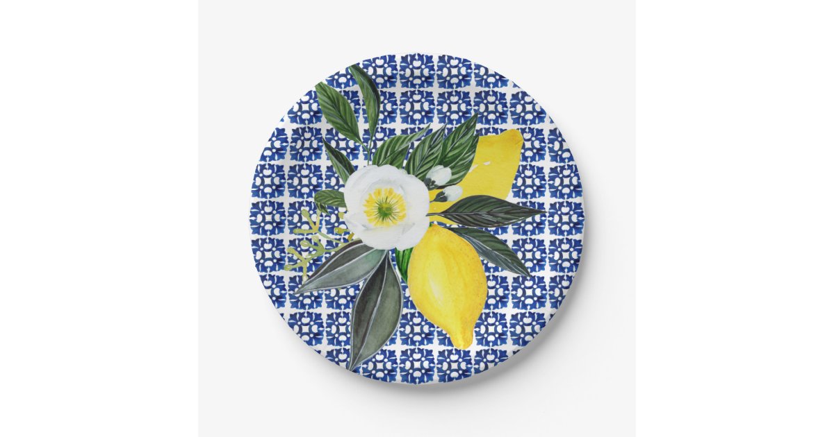Mediterranean Lemons Blue Tile Paper Plates | Zazzle