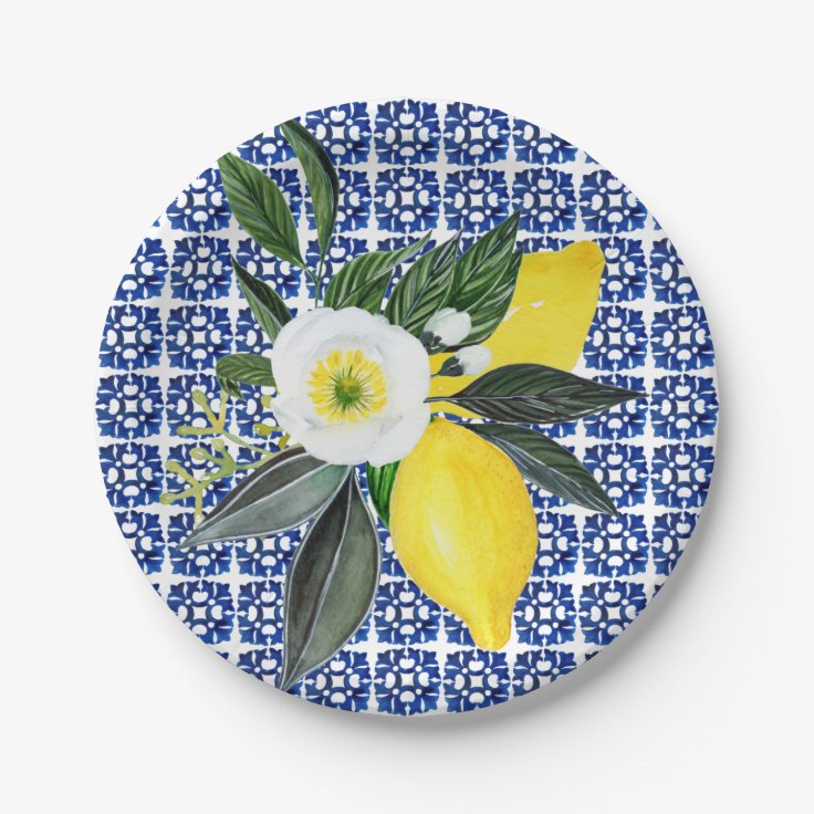 Mediterranean Lemons Blue Tile Paper Plates | Zazzle