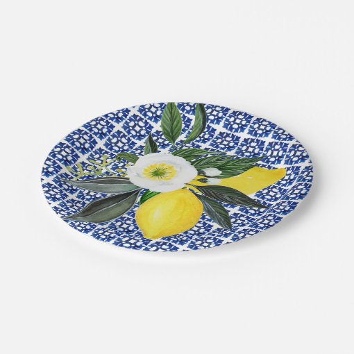 Mediterranean Lemons Blue Tile Paper Plates | Zazzle