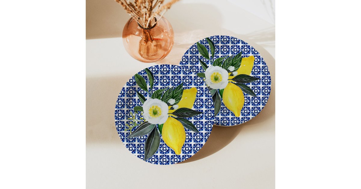 Mediterranean Lemons Blue Tile Paper Plates | Zazzle