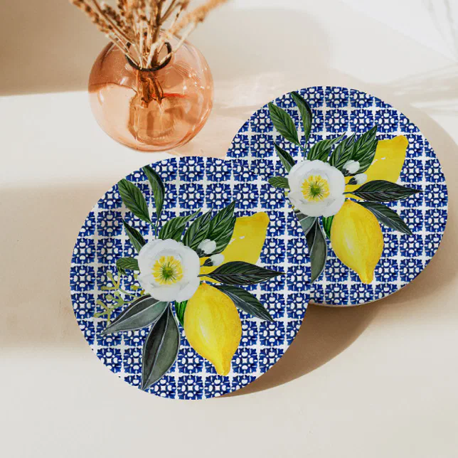 Mediterranean Lemons Blue Tile Paper Plates | Zazzle