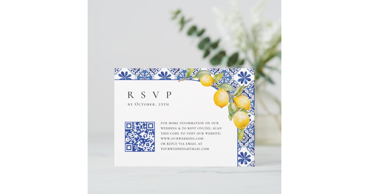 Mediterranean Lemons Blue Tiles Wedding QR code RSVP Card | Zazzle