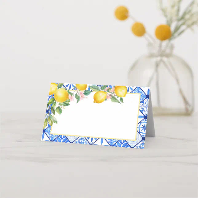 Mediterranean Lemons Italian Blue Tiles Food Label Place Card | Zazzle