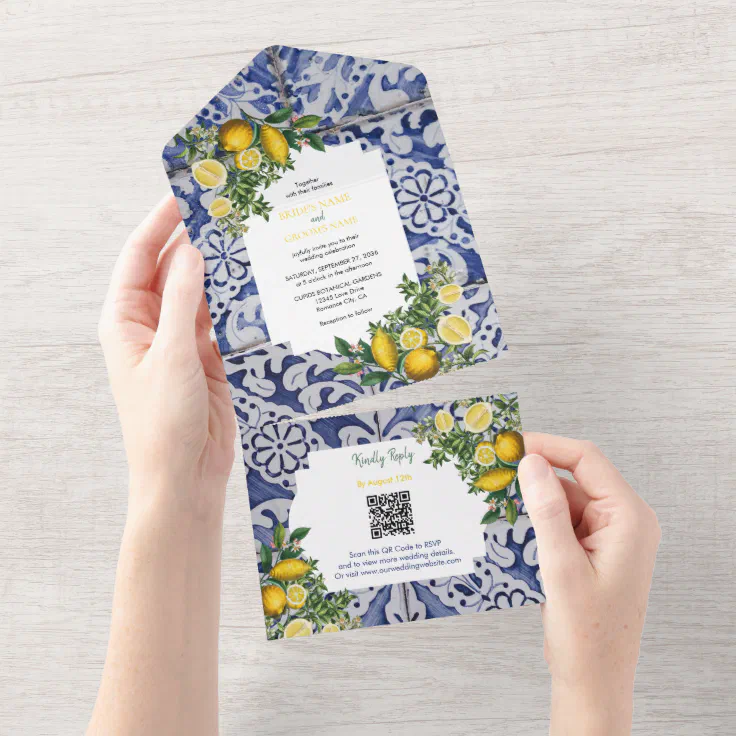Mediterranean Lemons Portuguese Tiles Wedding All In One Invitation ...