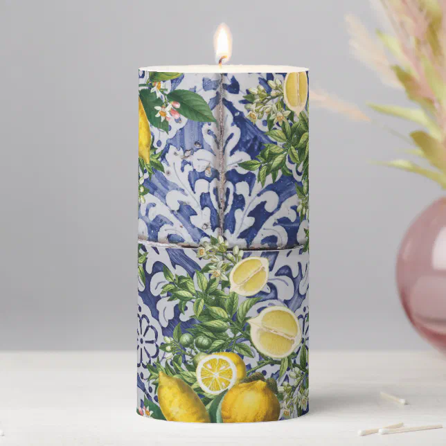 Mediterranean Lemons Summer Portuguese Tiles Pillar Candle | Zazzle