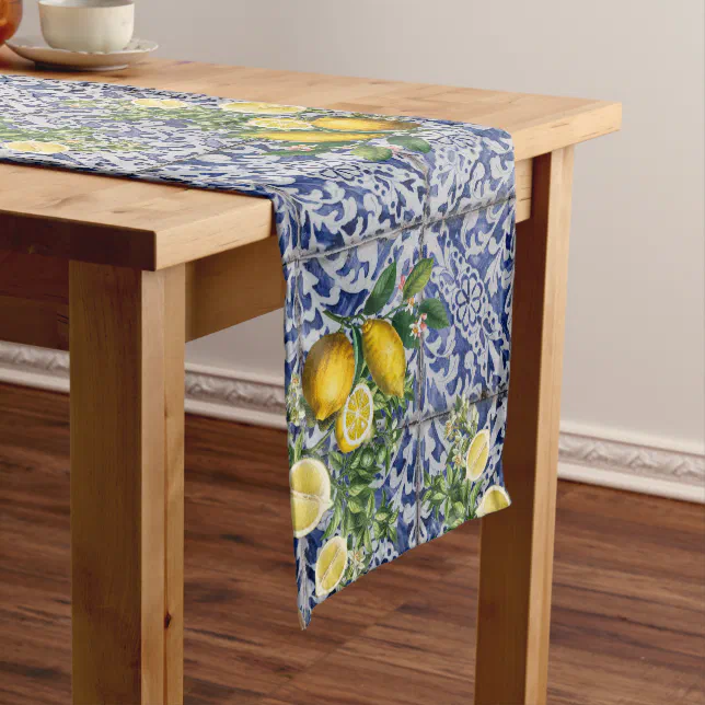 Mediterranean Lemons Summer Portuguese Tiles Short Table Runner | Zazzle