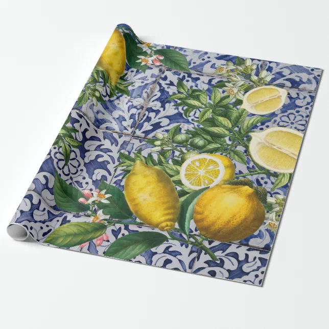 Mediterranean Lemons Summer Portuguese Tiles Wrapping Paper | Zazzle