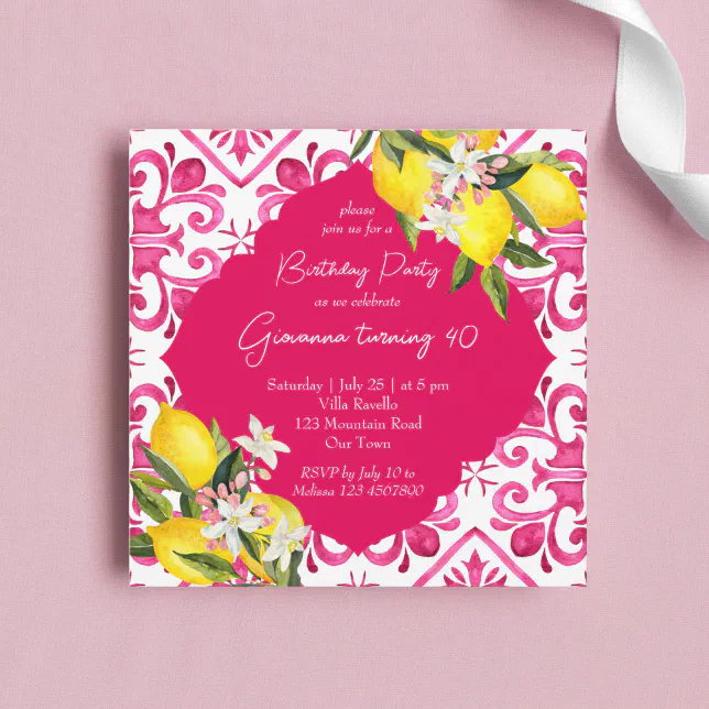 Mediterranean Majolica magenta tiles lemon party Invitation | Zazzle