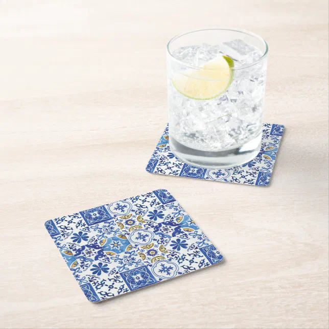 Mediterranean Moroccan Mosaic Tiles Blue Yellow Square Paper Coaster ...