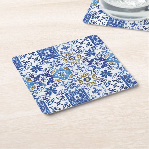 Mediterranean Moroccan Mosaic Tiles Blue Yellow Square Paper Coaster ...