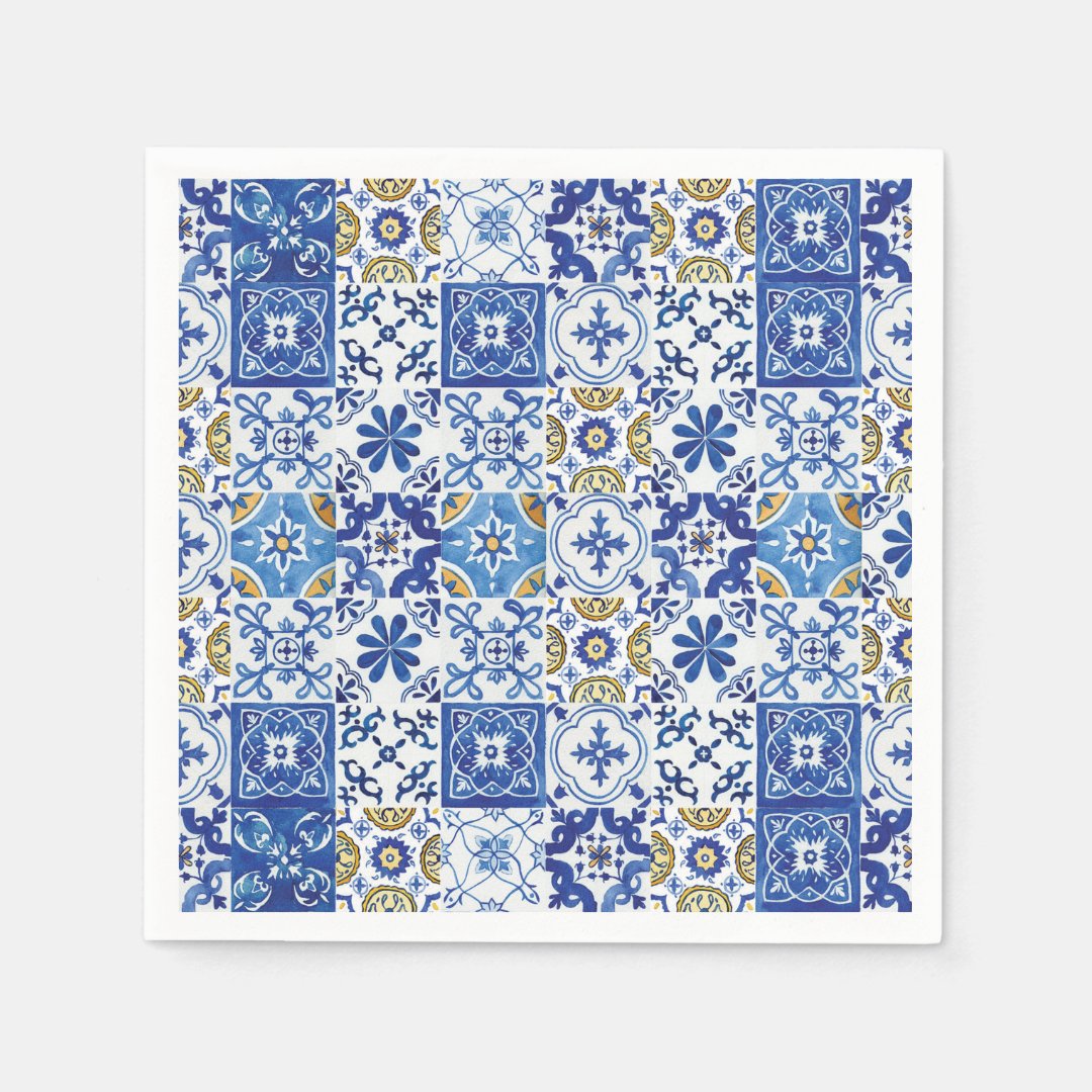 Mediterranean Mosaic Tiles Blue Birthday Party Napkins | Zazzle