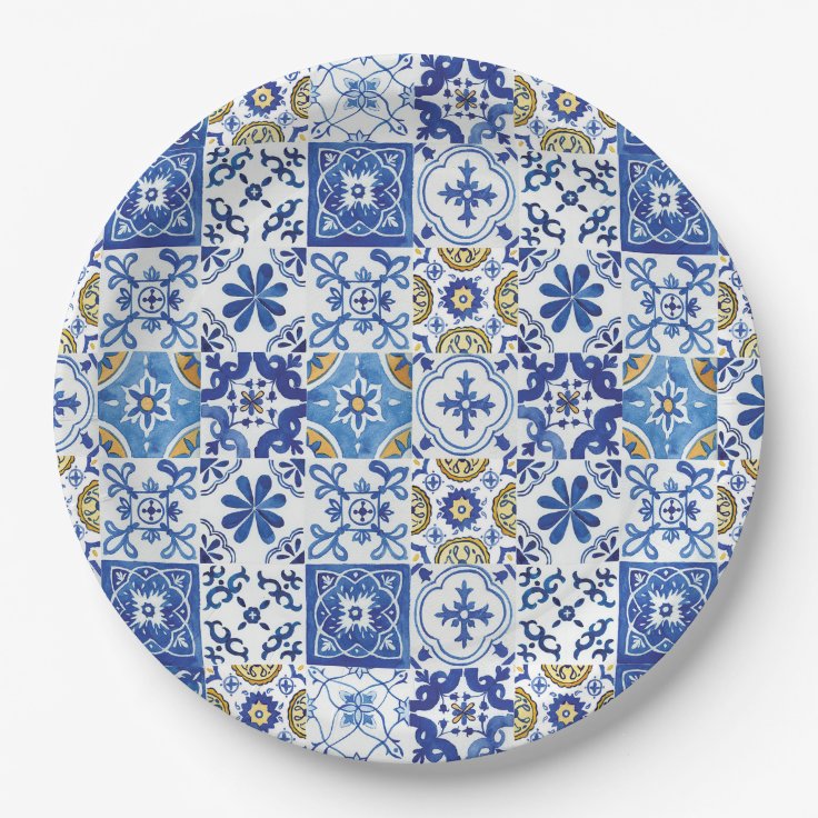 Mediterranean Mosaic Tiles Blue Birthday Party Paper Plates | Zazzle