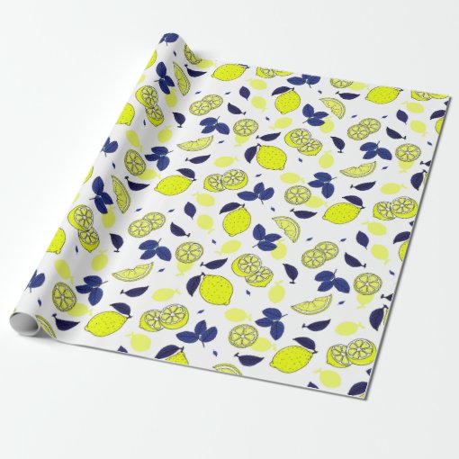 Mediterranean Navy Blue Yellow Lemons Pattern Wrapping Paper | Zazzle