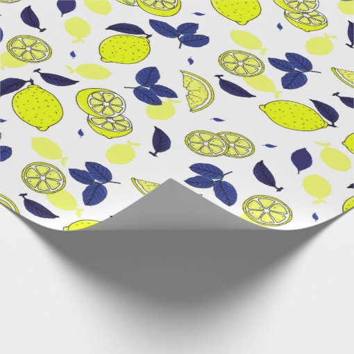 Mediterranean Navy Blue Yellow Lemons Pattern Wrapping Paper | Zazzle