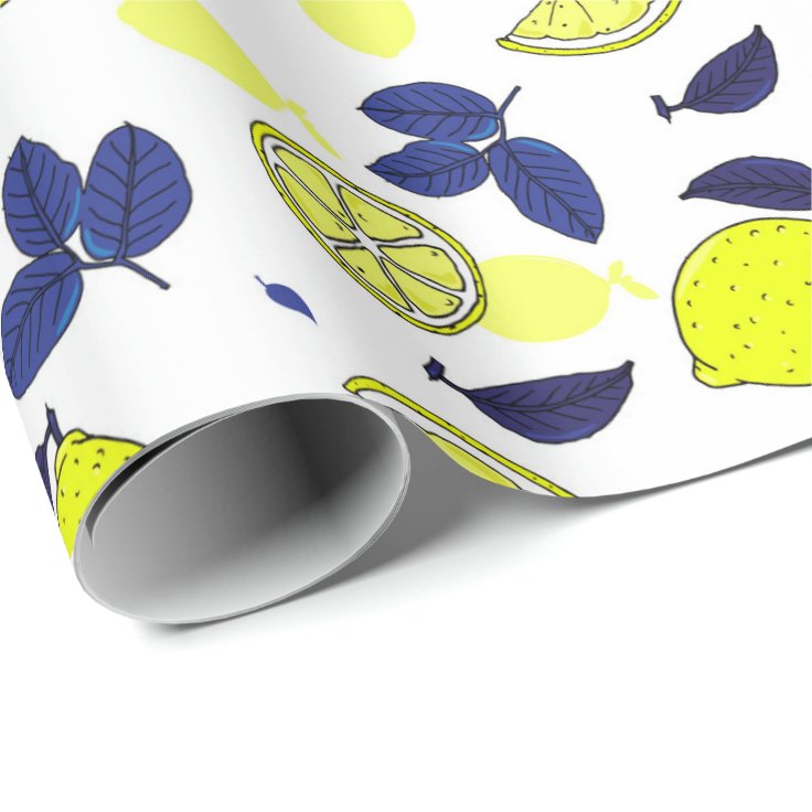Mediterranean Navy Blue Yellow Lemons Pattern Wrapping Paper | Zazzle