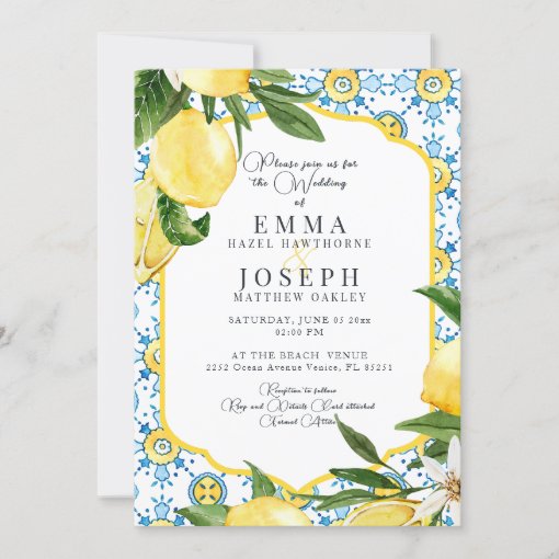 Mediterranean summer lemon bright blue Wedding Invitation | Zazzle