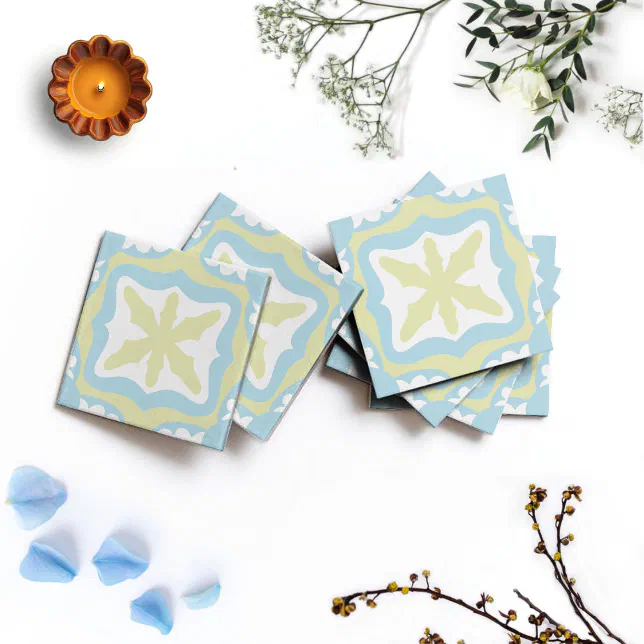 Mediterranean Symmetry Sky Blue and Pale Yellow Ceramic Tile | Zazzle