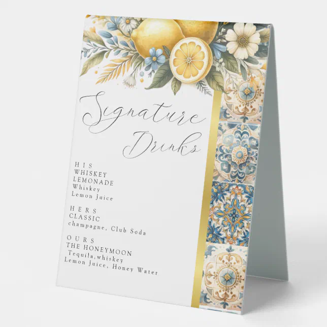 Mediterranean Tile flower Italian Positano Lemon Table Tent Sign | Zazzle